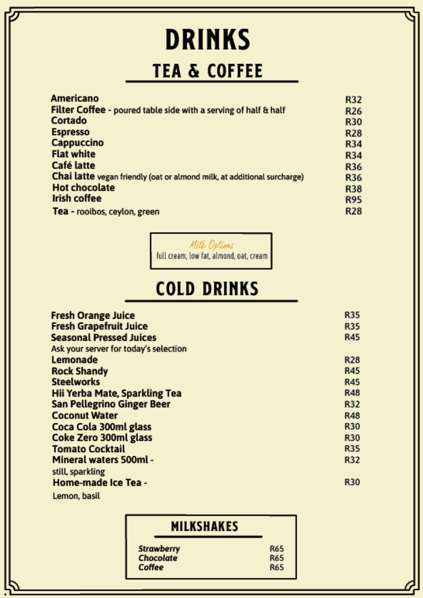 Drinks Menu - Egghead Diner